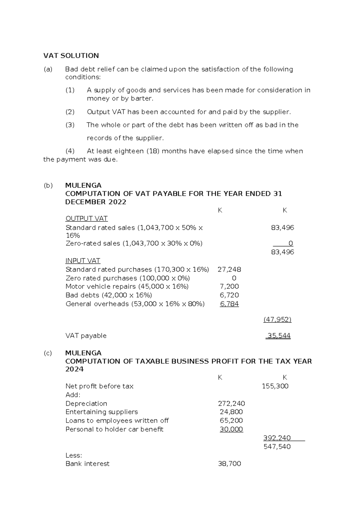 VAT Solution: Bad Debt Relief & VAT Payable Computation - BBA - Studocu