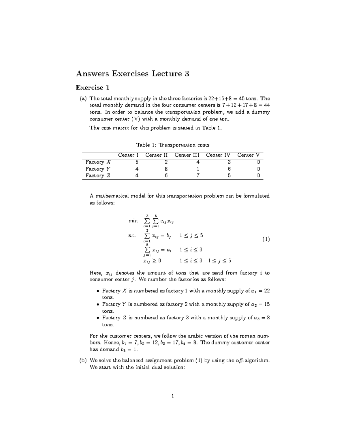 Answers Lecture 3 Transportation problem - Answers Exercises Lecture 3 ...