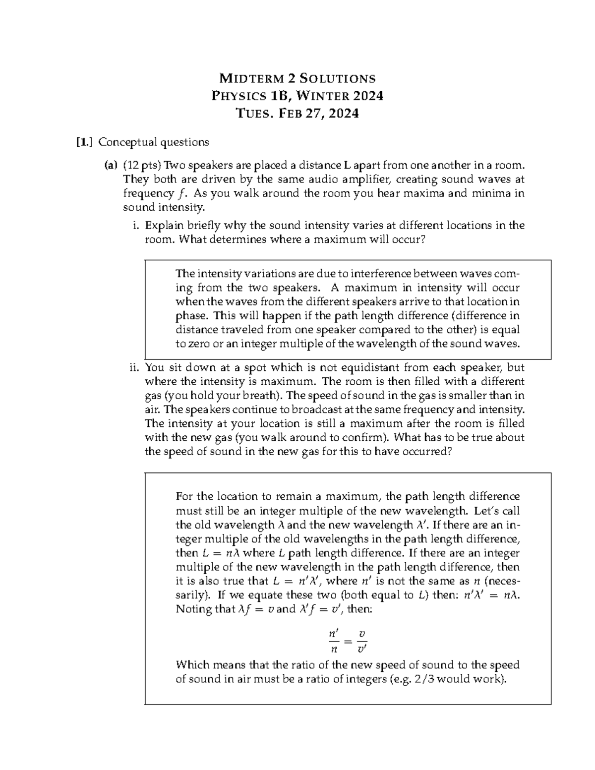 Midterm 2 Solutions for PHYS 1B, Winter 2024 - Practice Exam - Studocu