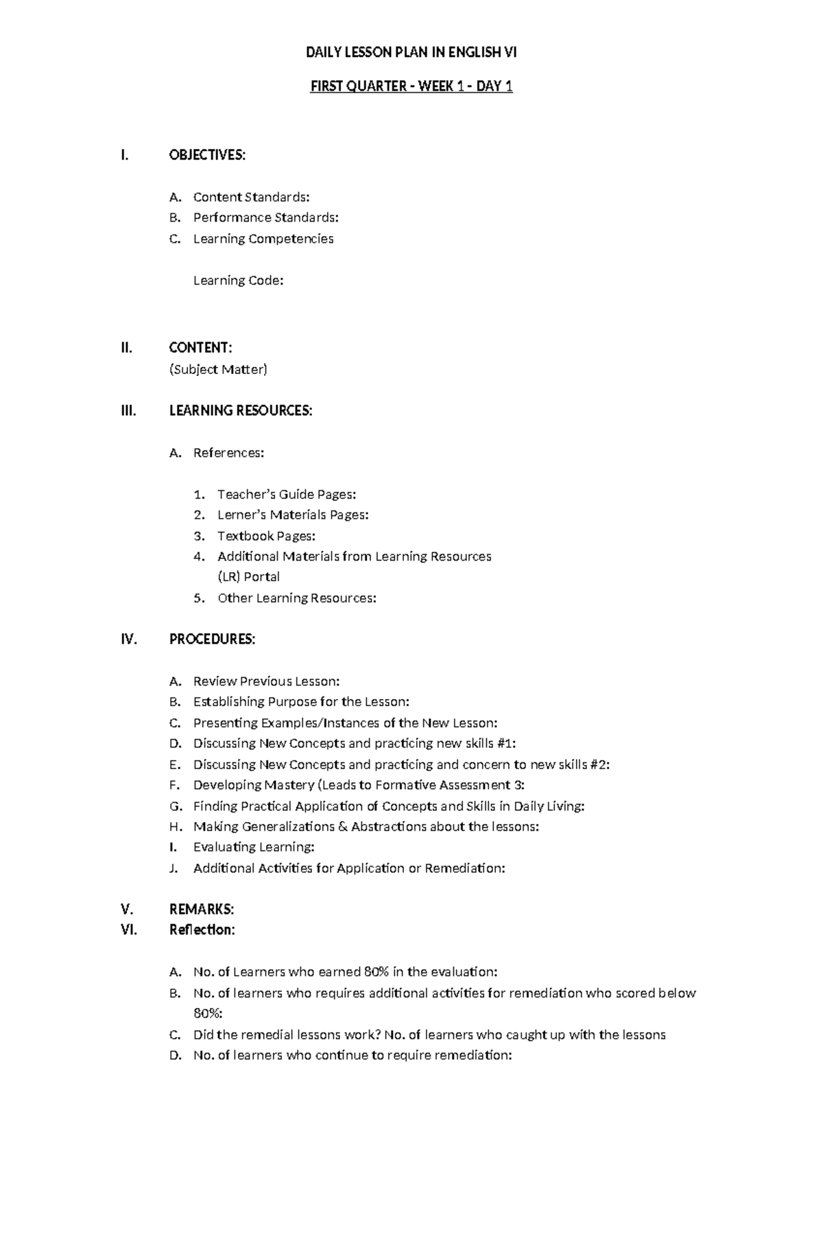 Daily Lesson Plan for English VI - First Quarter, Week 1 - Studocu