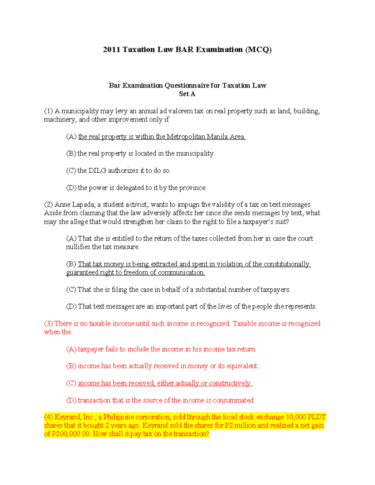 2011 Taxation Law BAR Examination MCQs - Set A Study Guide - Studocu