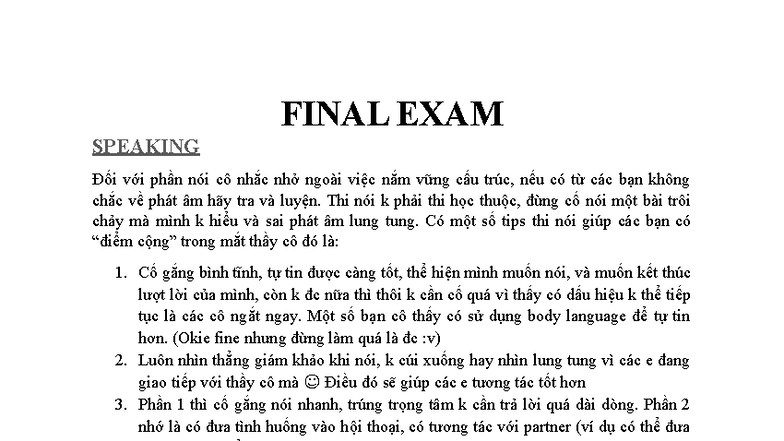 SPEAKING FINAL EXAM TIPS FOR TA4 STUDENTS - Studocu