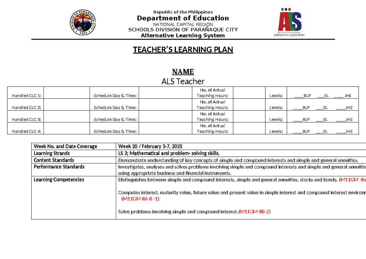 DLP LS 3 ( Mathematical and Problem solving Skills ) - Republic of the Philippines Department of ...