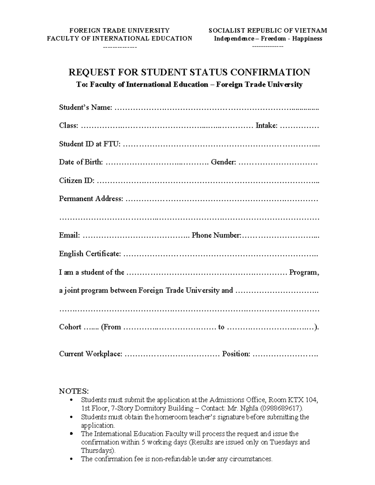 Request for Student Status Confirmation - FTU International Education ...
