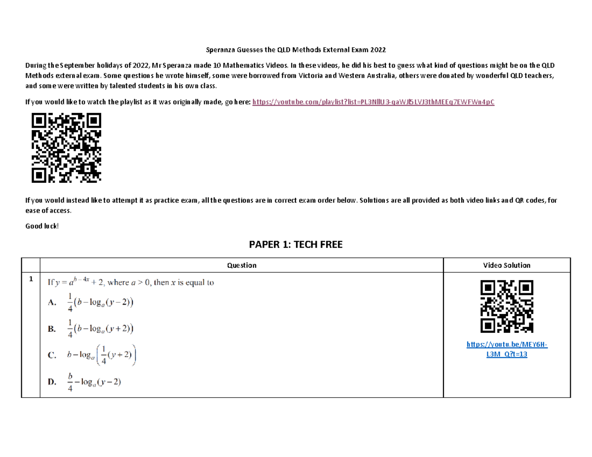 Speranza Guesses QLD Methods External Exam Prep 2022: Paper 1 Solutions ...