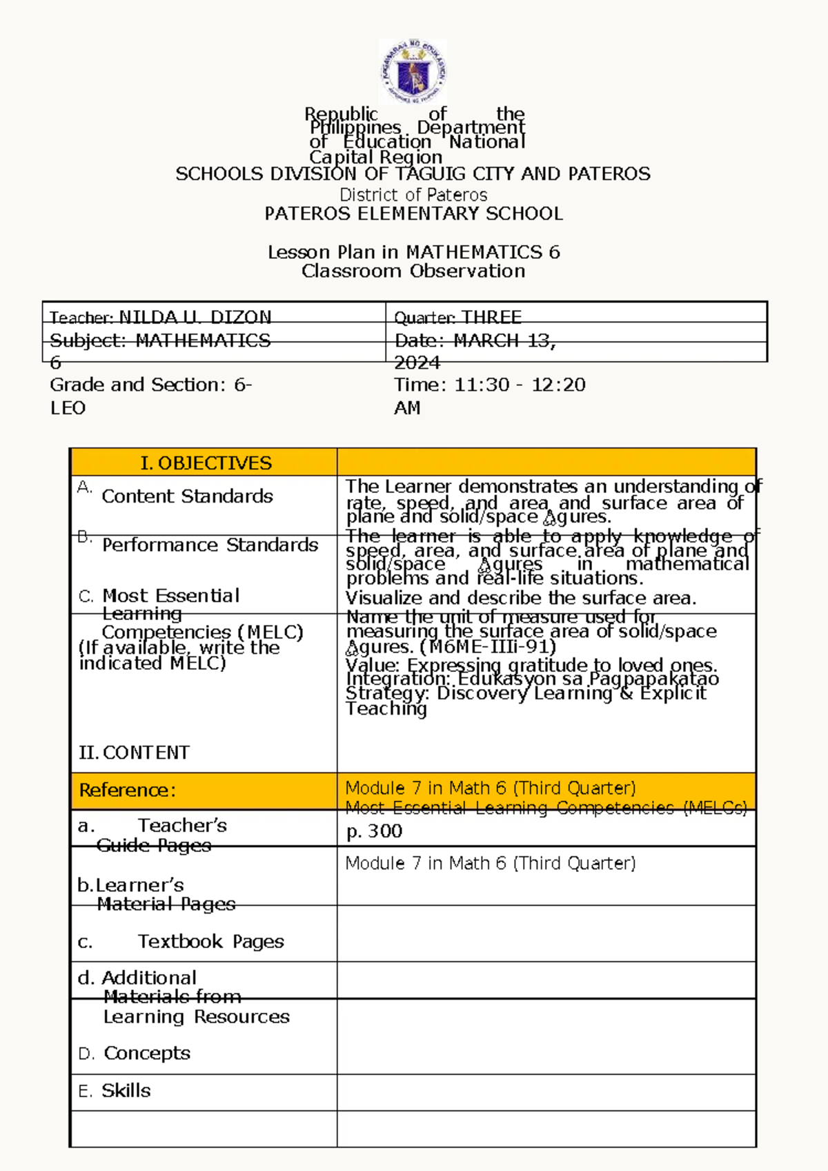 MATHEMATICS 6 (Cot) Detailed Lesson Plan on Surface Area - Studocu