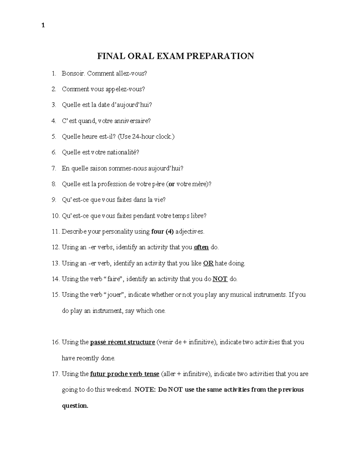 2024, Final ORAL EXAM Preparation, FRN100 991 - 1 FINAL ORAL EXAM ...