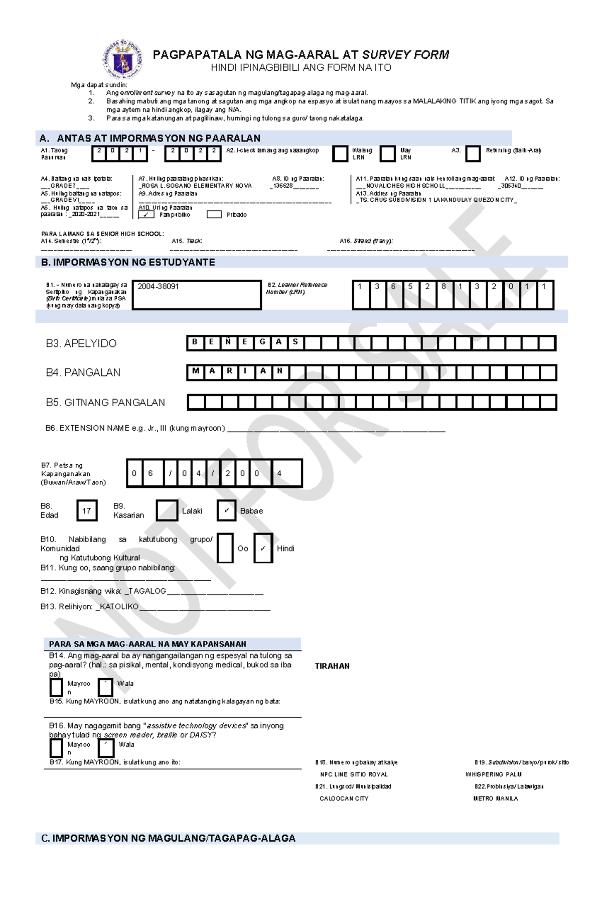 PAGPAPATALA NG AT SURVEY FORM PARA SA ENROLLMENT 2021-2022 - Studocu