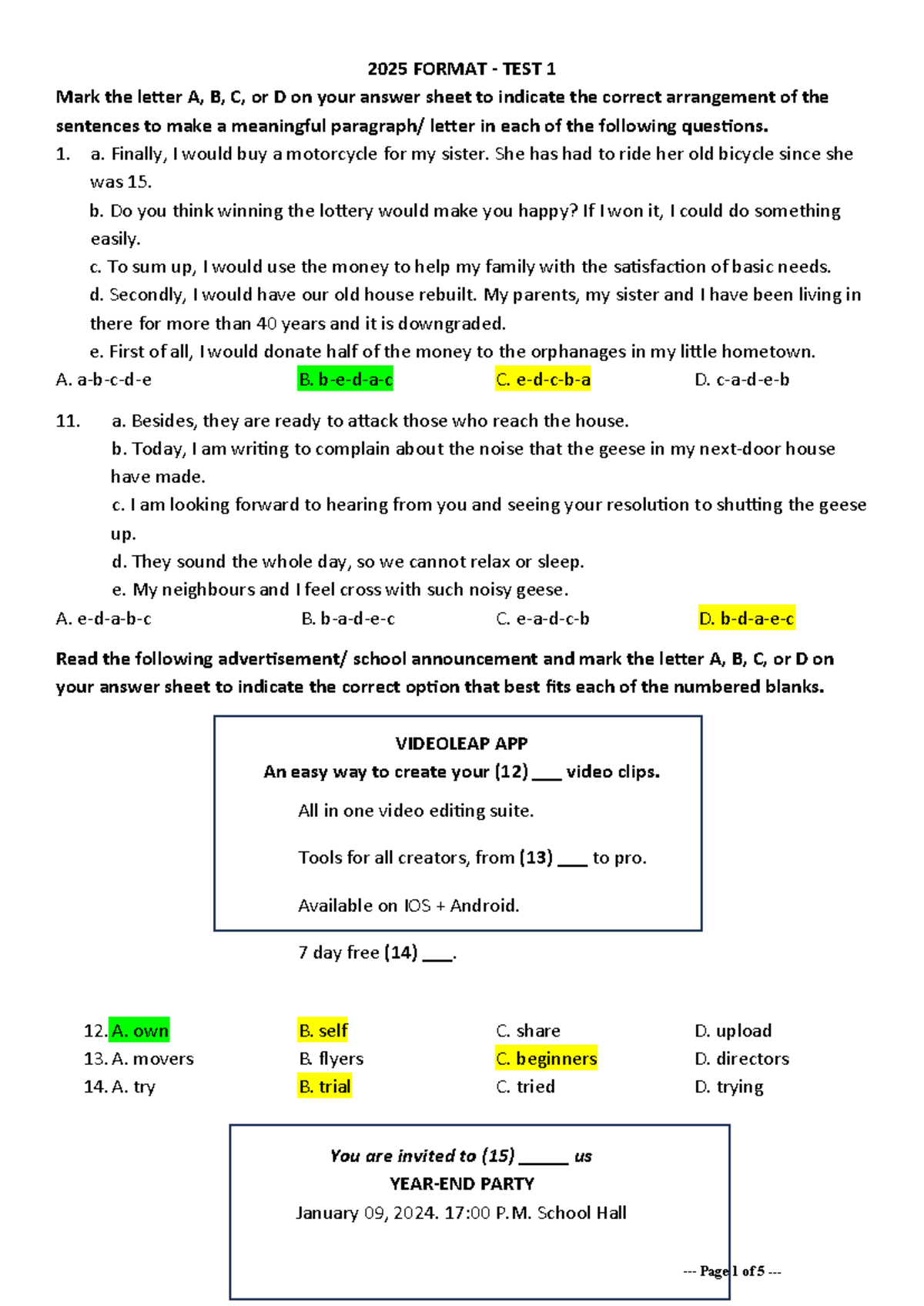 Practice TEST 1 - Sentence Arrangement & Comprehension Questions - Studocu