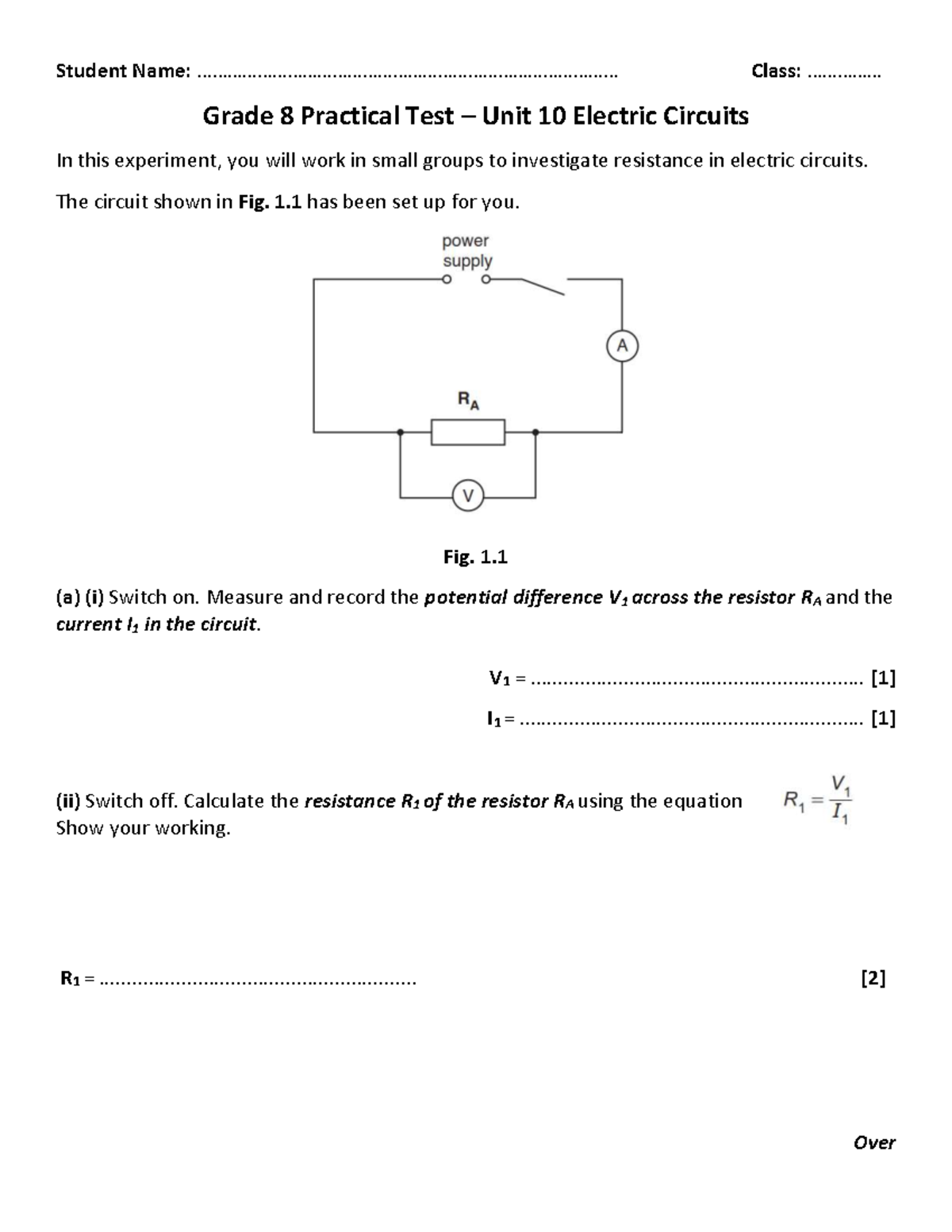 Grade 8 Practical Test: Investigating Resistance in Circuits - Studocu