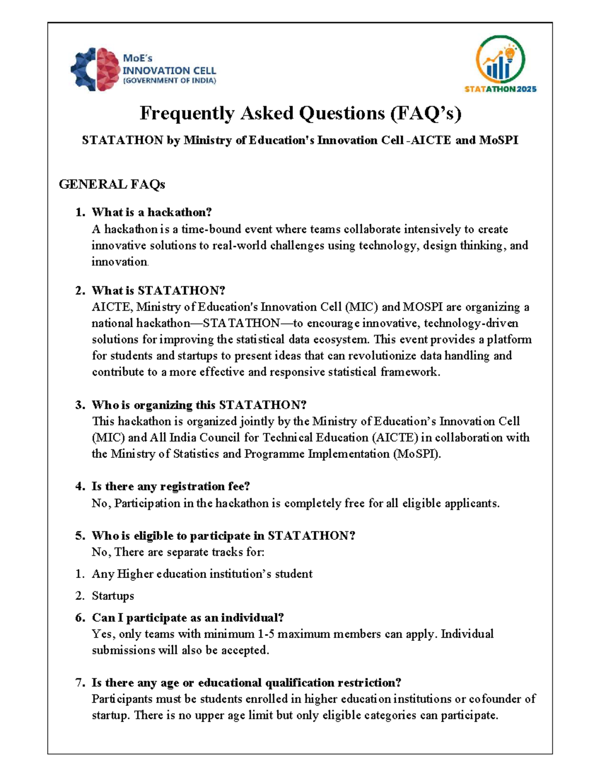 FAQ on STATATHON 2025: Ministry of Innovation & MoSPI - Studocu