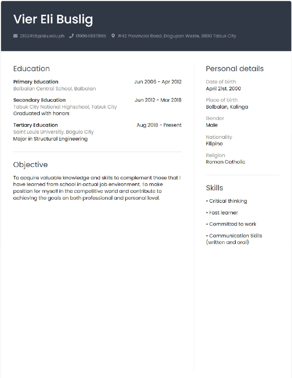 Curriculum vitae - Resume example - Bachelor of Science in Civil ...
