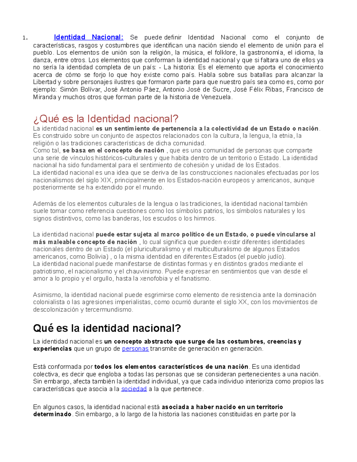 Identidad Nacional en Venezuela: Elementos y Contexto Cultural - Studocu
