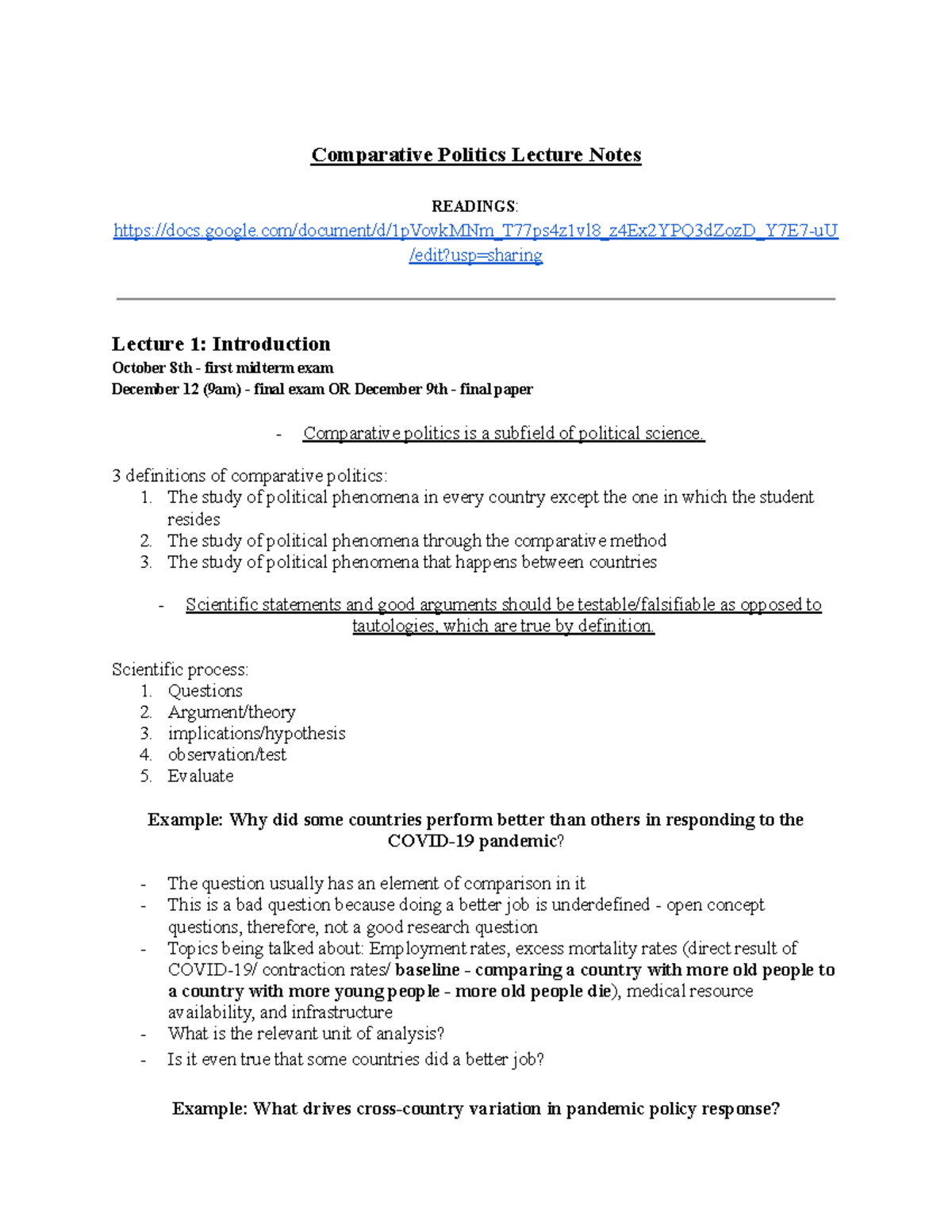 Comparative Politics Lecture Notes: Key Concepts & Theories (POL 101 ...