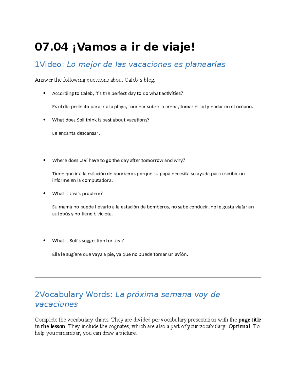 7.04 Spanish Lesson Notes on Travel and Vacations - Studocu