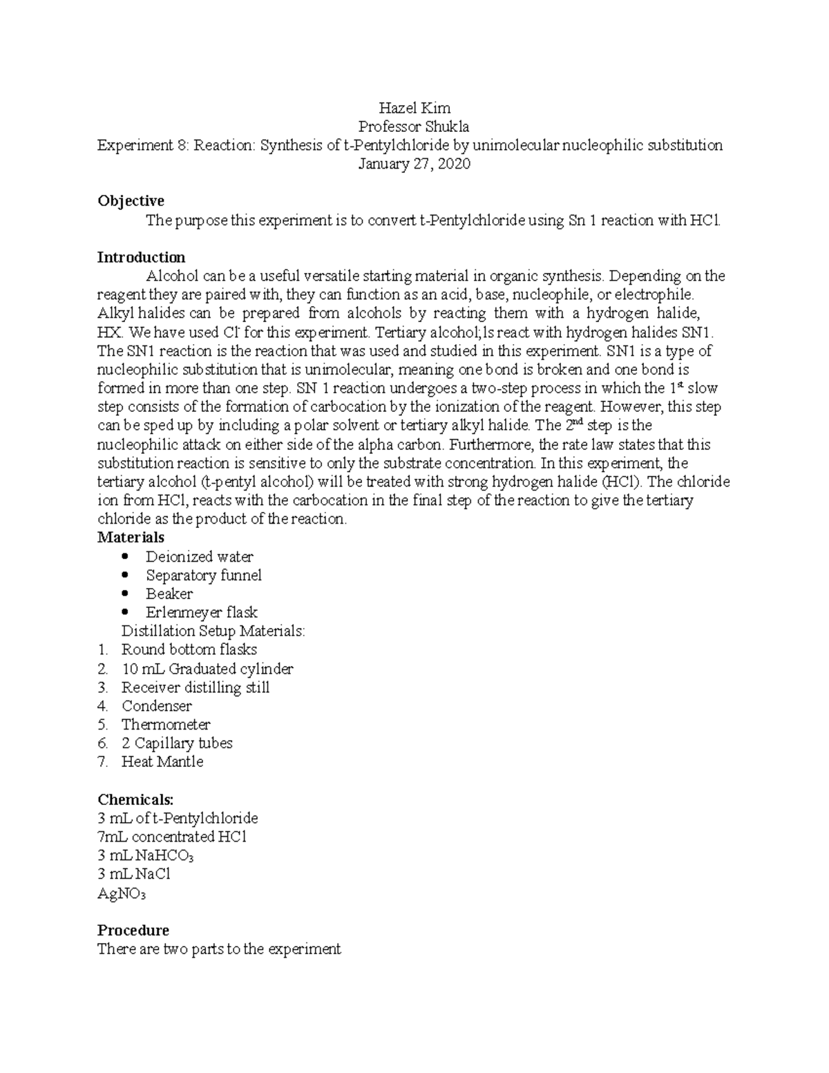 Experiment 8: SN1 Synthesis of t-Pentylchloride with HCl - Lab Report ...