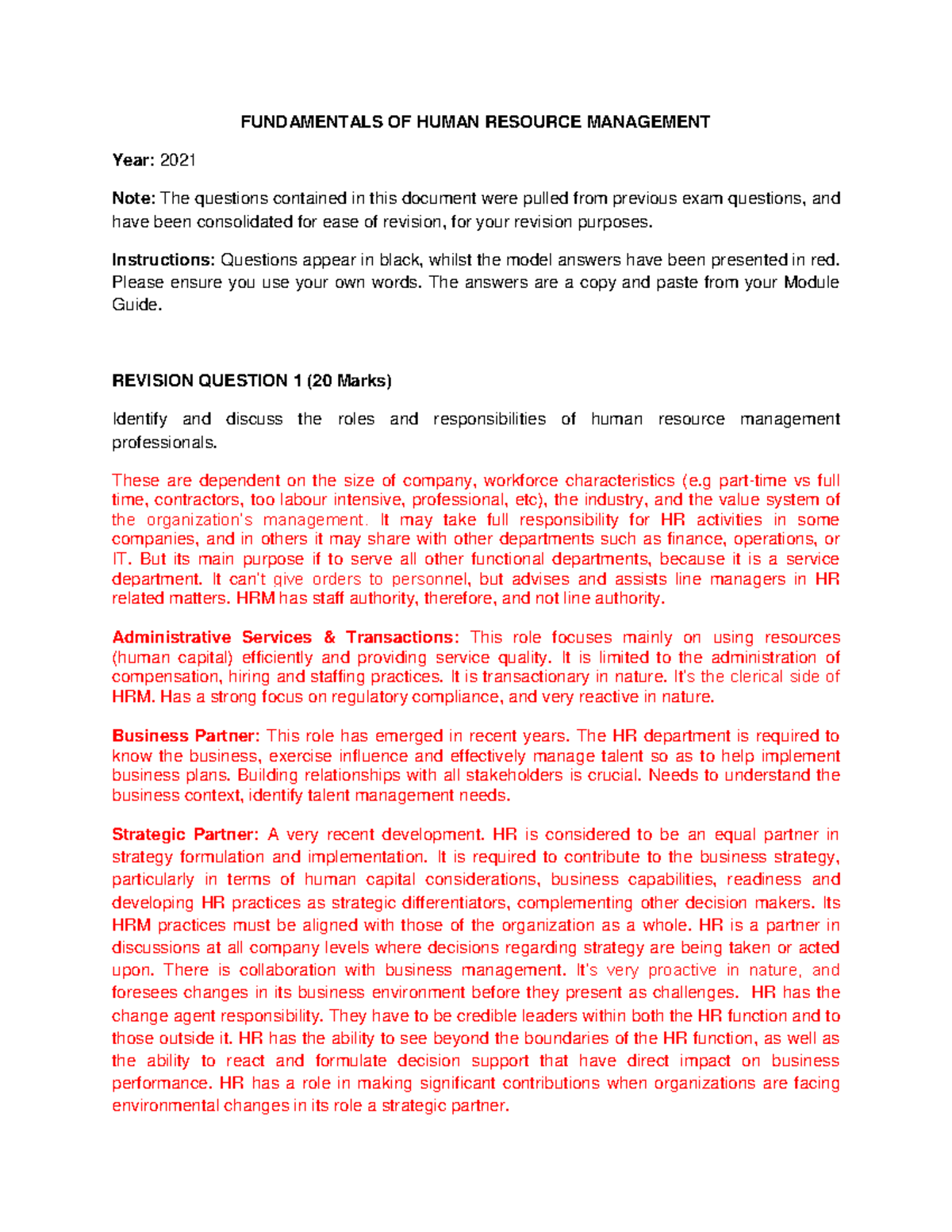 Fundamentals of HRM 2021: Revision Qs & Model Answers Guide - Studocu