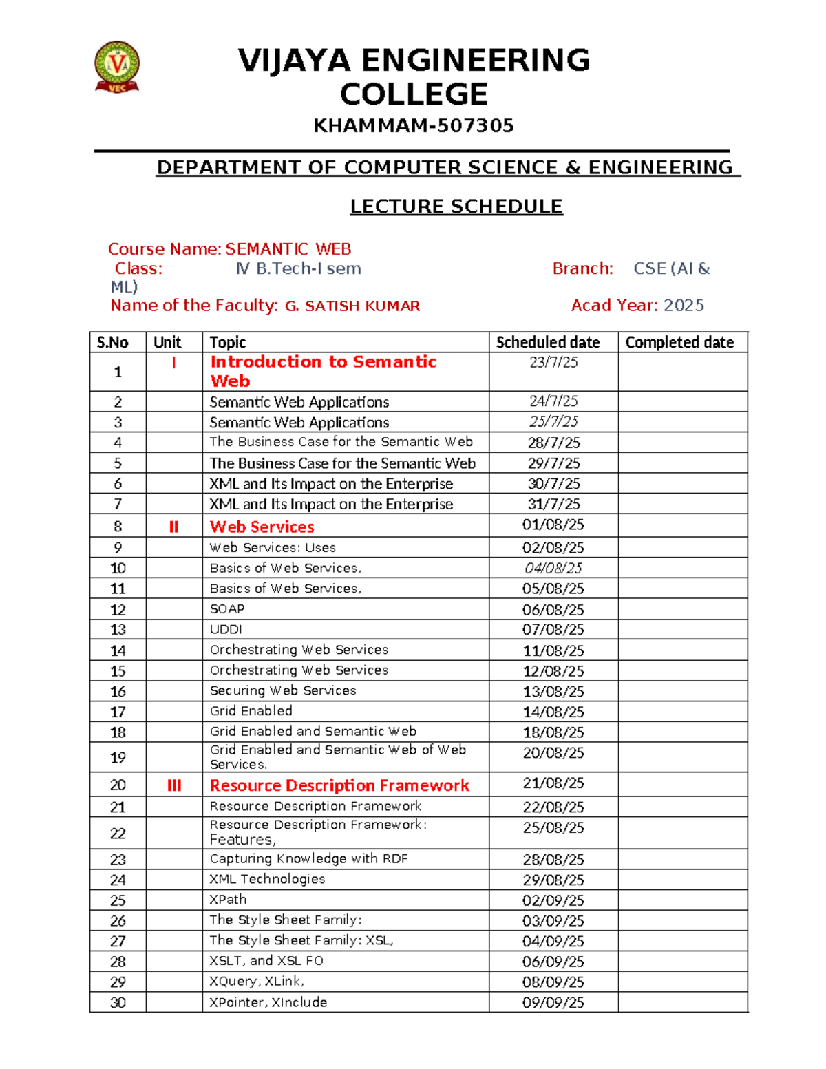 CSE IV Sem: Semantic Web Lecture Schedule & Lesson Plan - Studocu