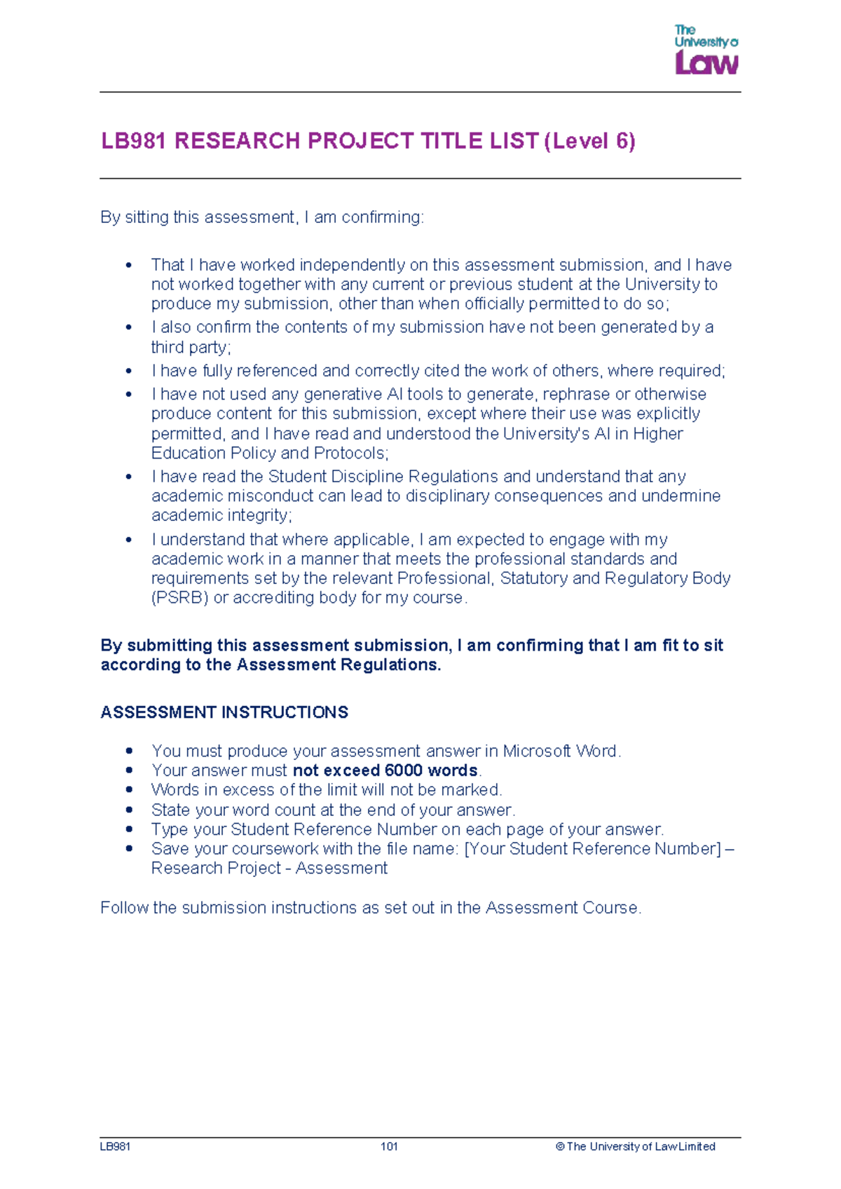 LB981 Research Project Title List (Level 6) - Final Assessment Guide ...