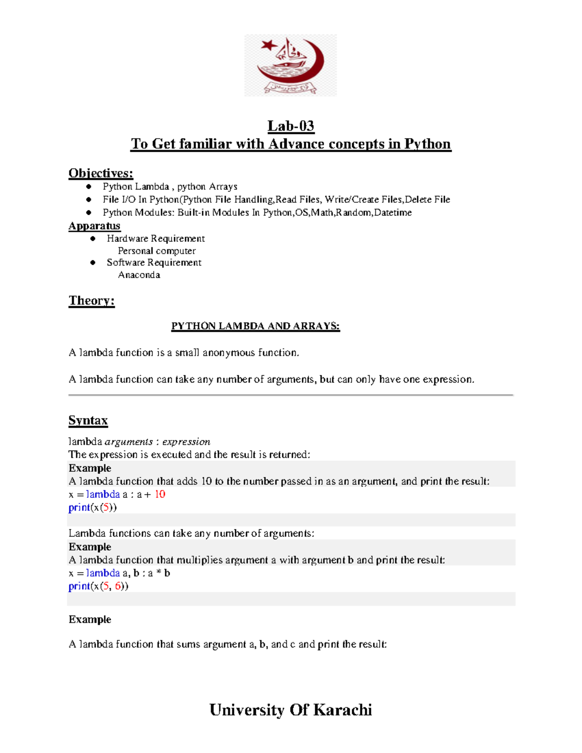 Lab-3 - Lab- To Get familiar with Advance concepts in Python Objectives ...