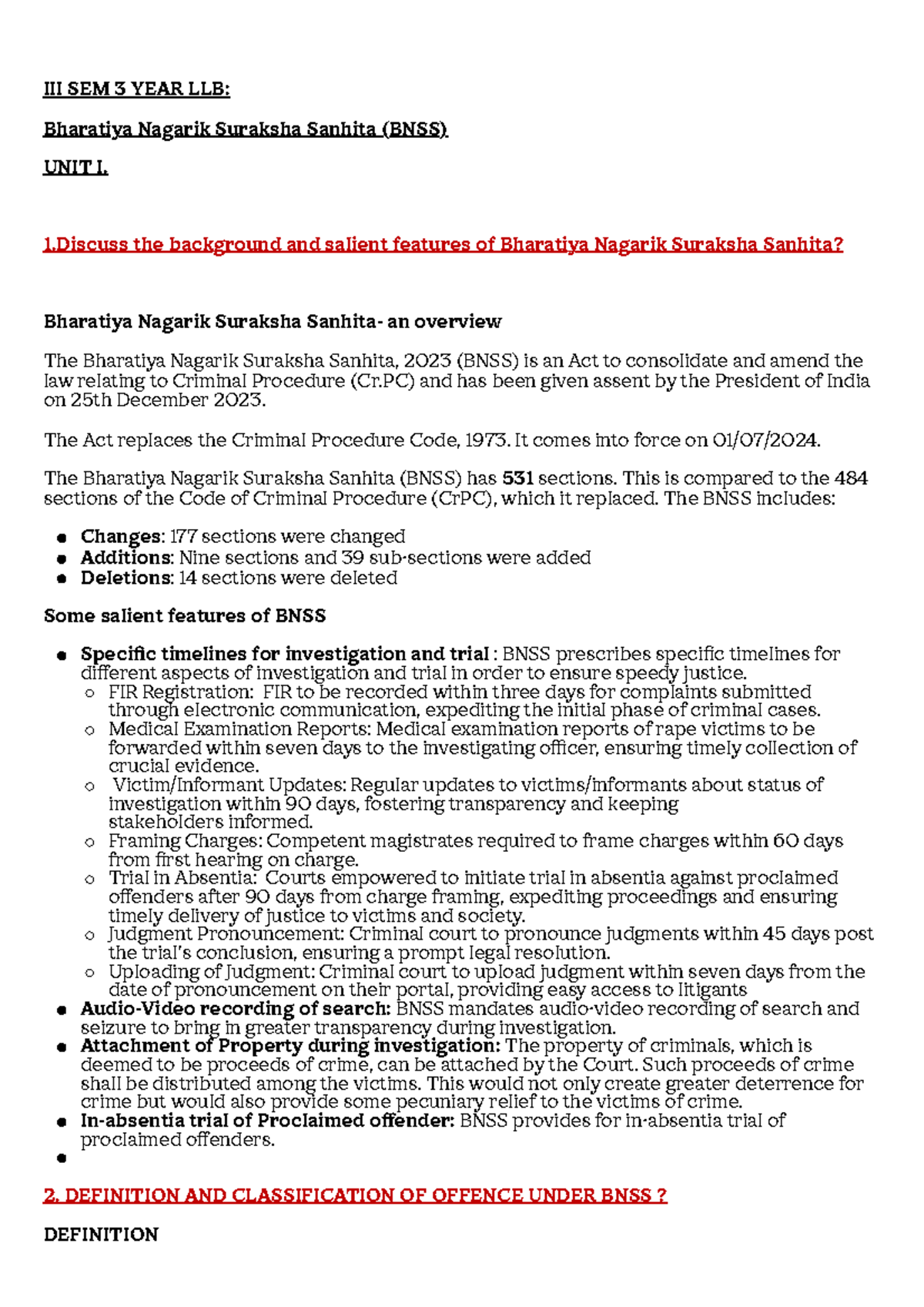 BNSS SEM 3 LLB: Overview and Key Features of Bharatiya Nagarik Suraksha ...