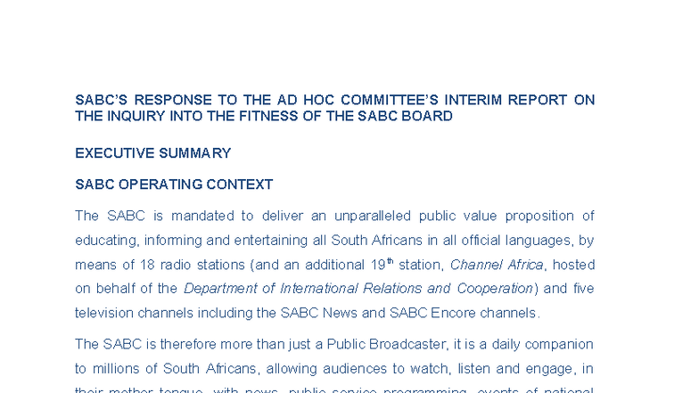 SABC Board Inquiry Response: Executive Summary & Context Analysis - Studocu