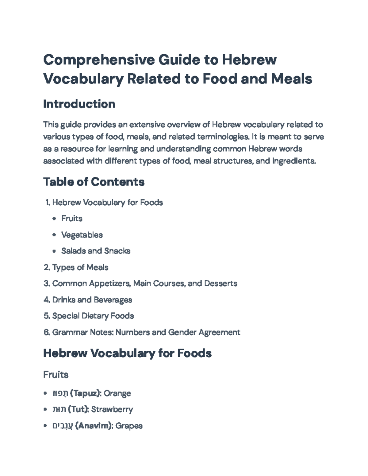 Comprehensive Hebrew Vocabulary Guide: Food & Meals - Comprehensive ...