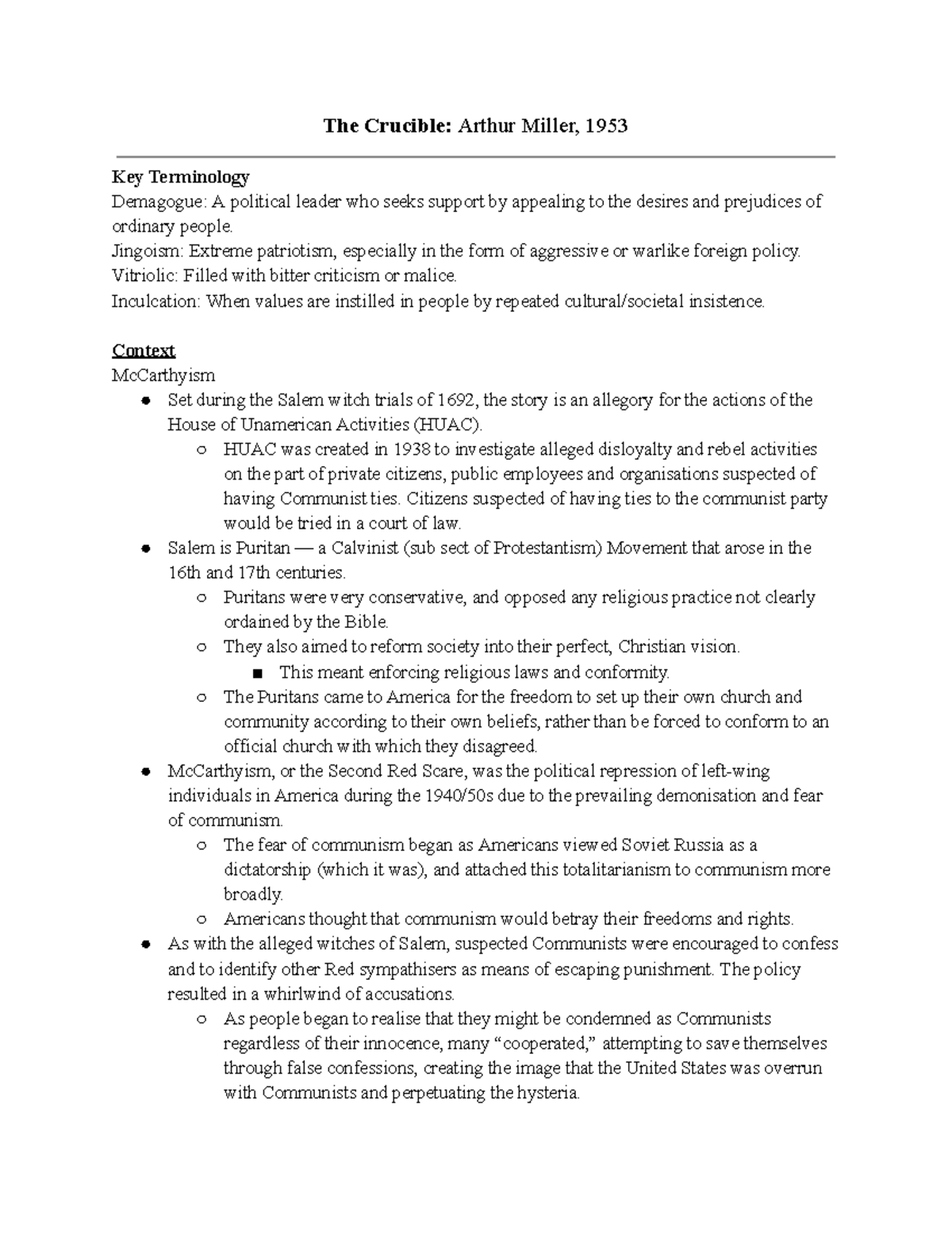 ENG102 The Crucible: Key Notes on Context and Themes Analysis - Studocu