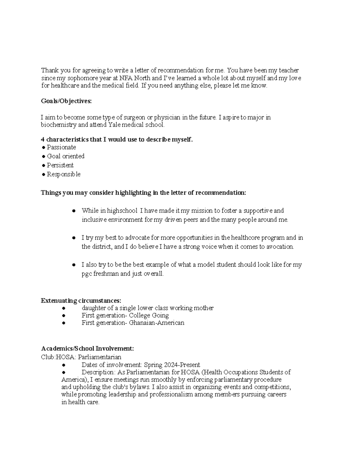 Recommendation letter information brag sheet - Thank you for agreeing ...