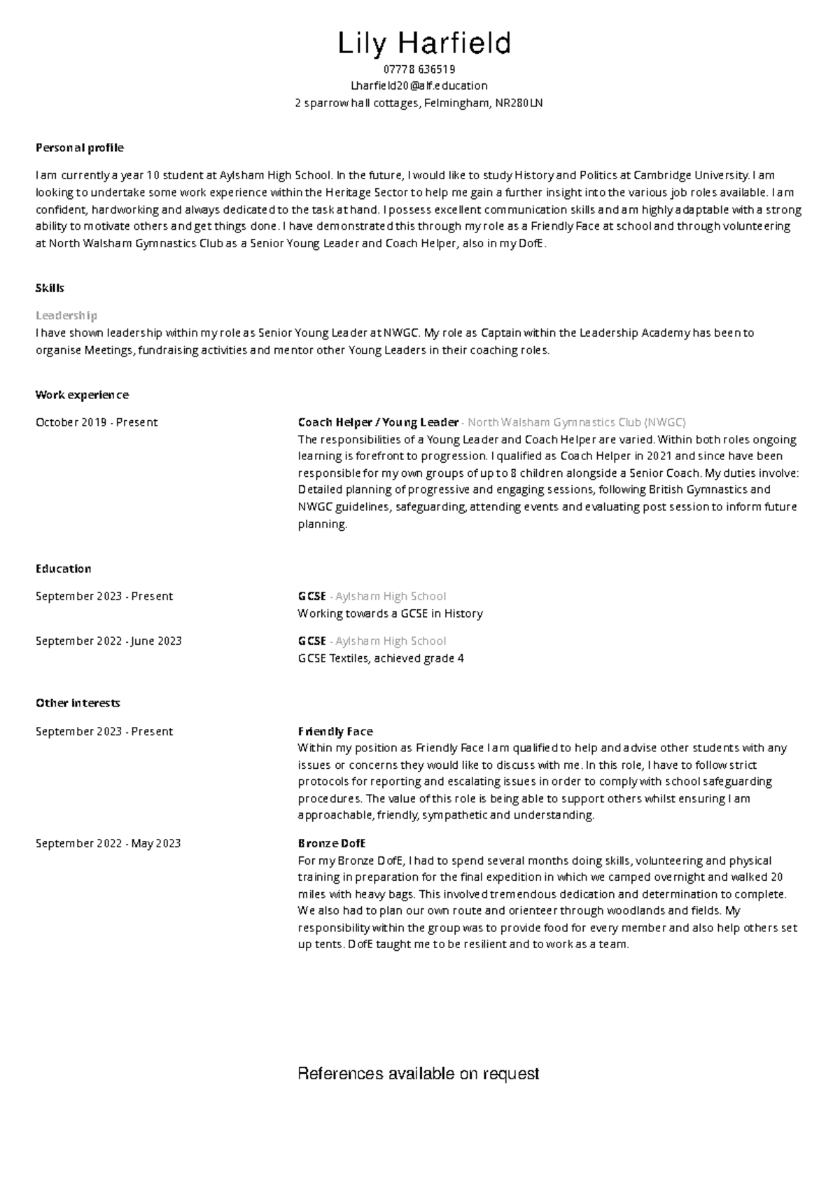Lily Harfield CV - History Aspirant & Young Leader Profile - Studocu
