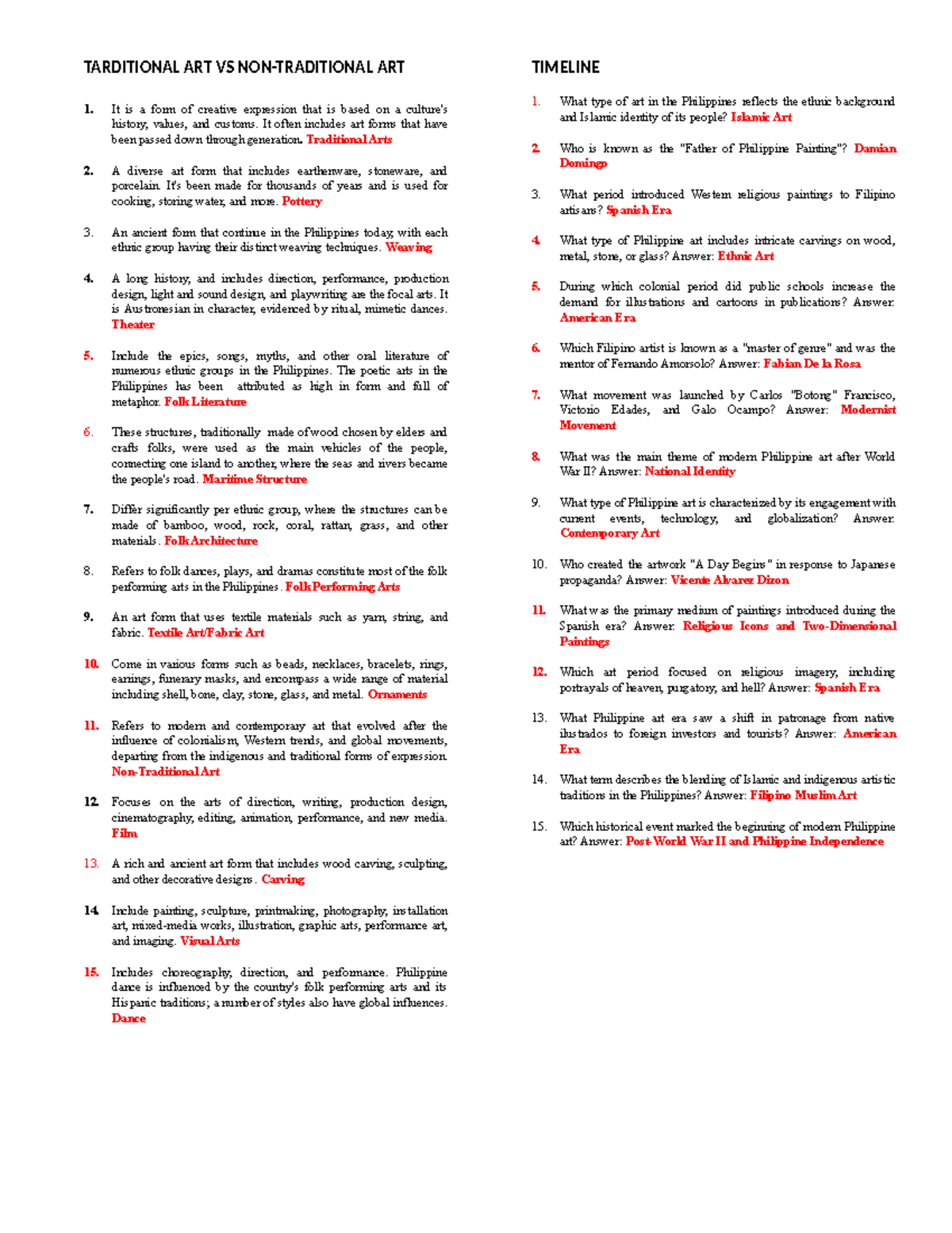 Quiz on Traditional Art vs. Modern Art in the Philippines - VFDGNM N ...