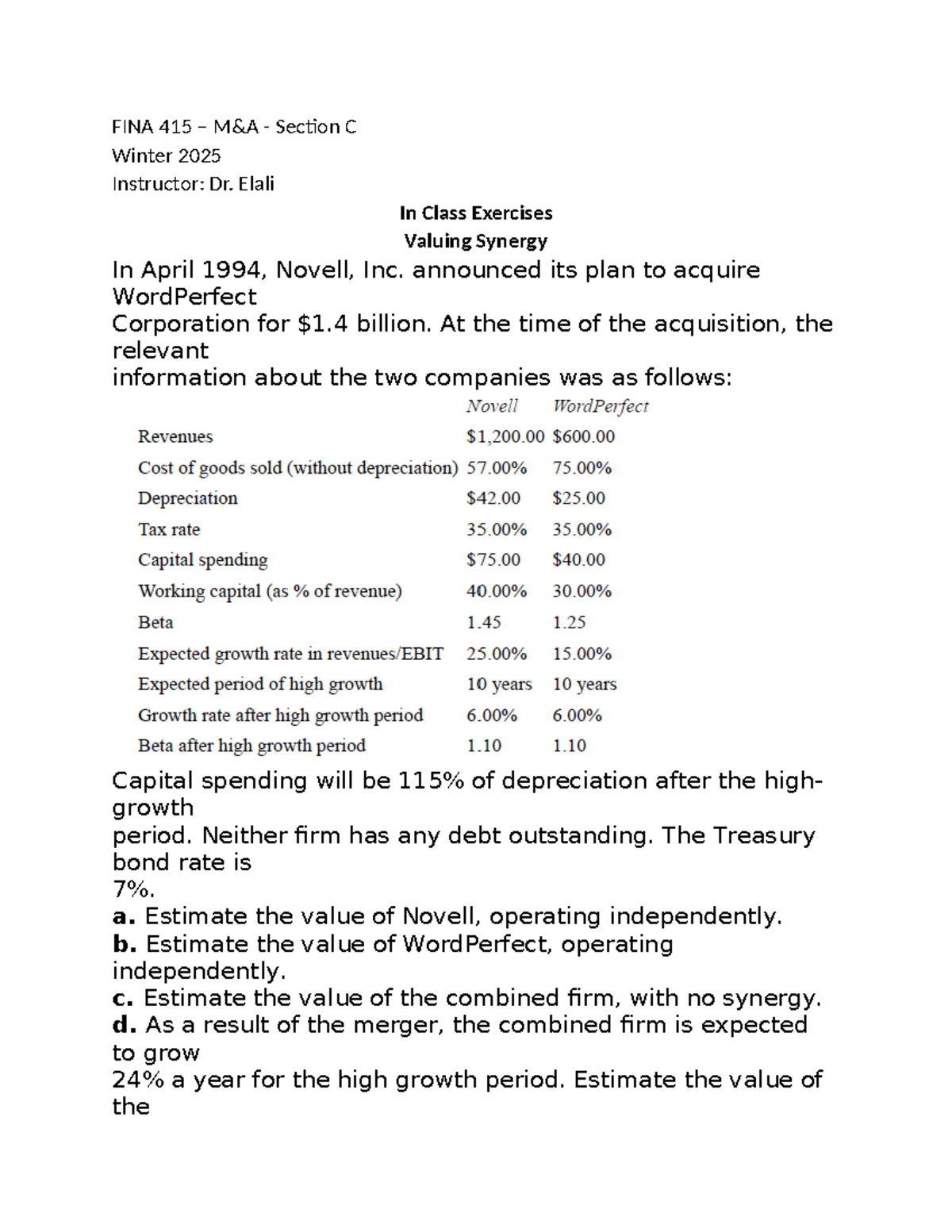 FINA 415-Valuing Synergy - In class Exercises - Winter 2025 - FINA 415 ...