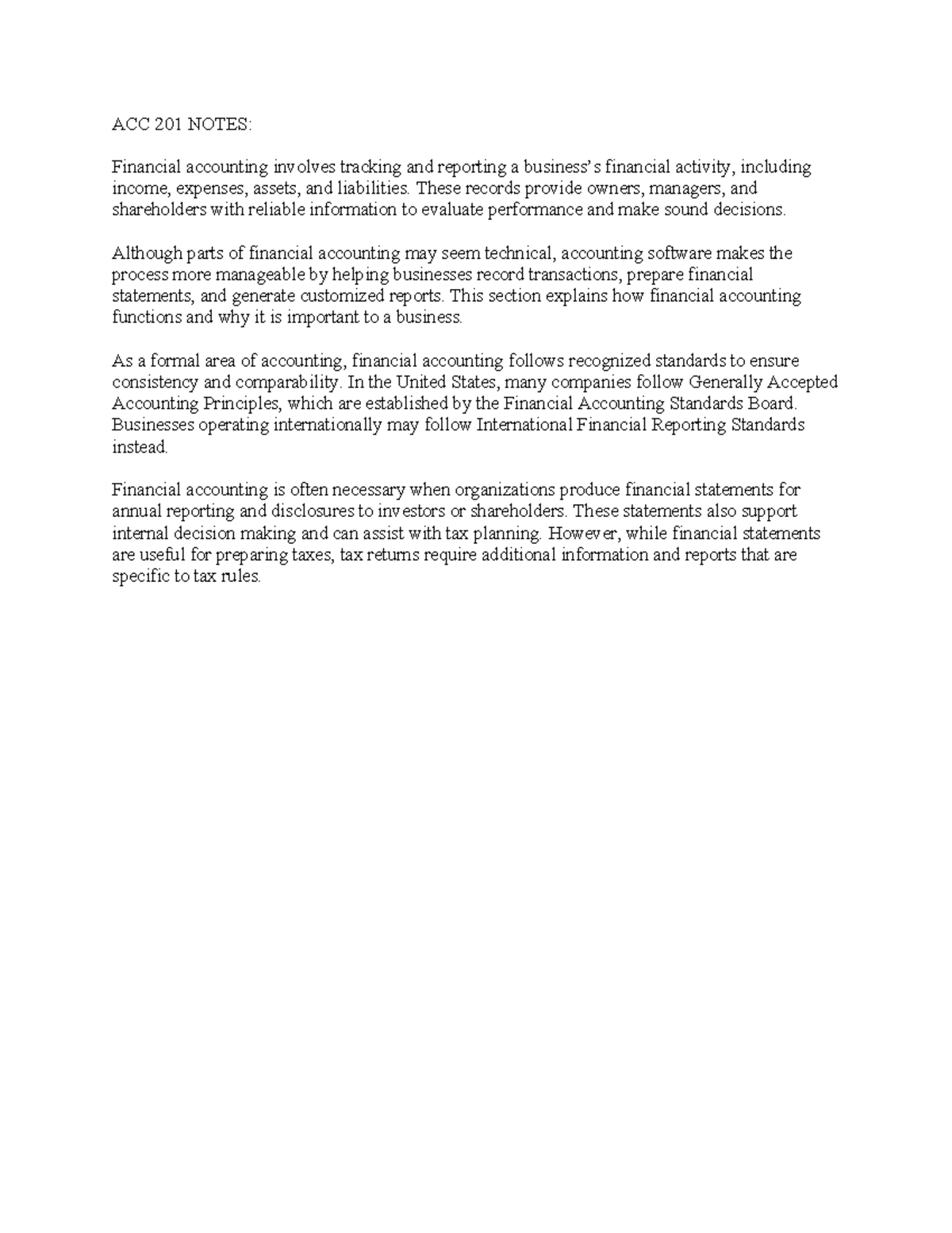 ACC 201 Notes: Understanding Financial Accounting Principles - Studocu