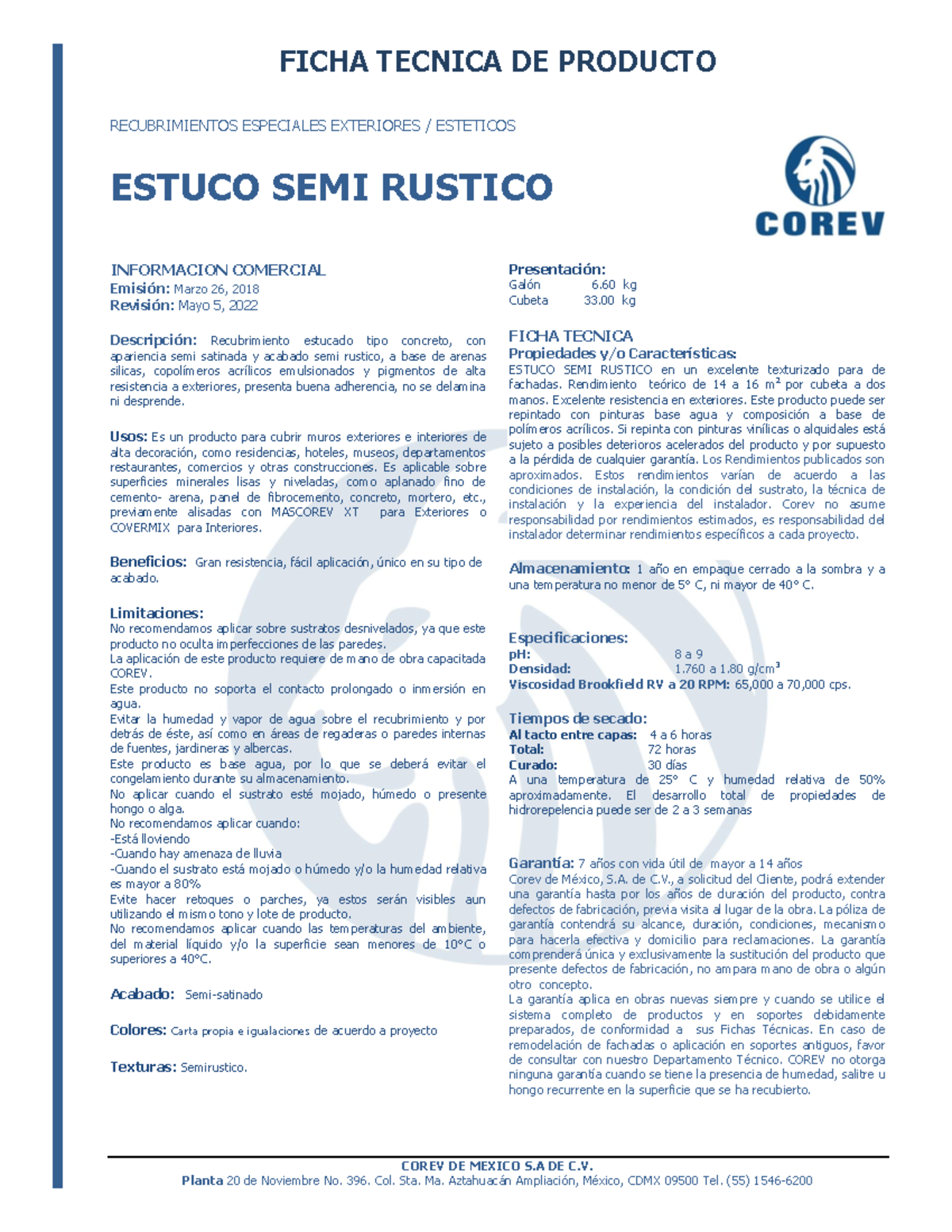 FICHA TÉCNICA COREV: Estuco Semirústico para Exteriores - Studocu