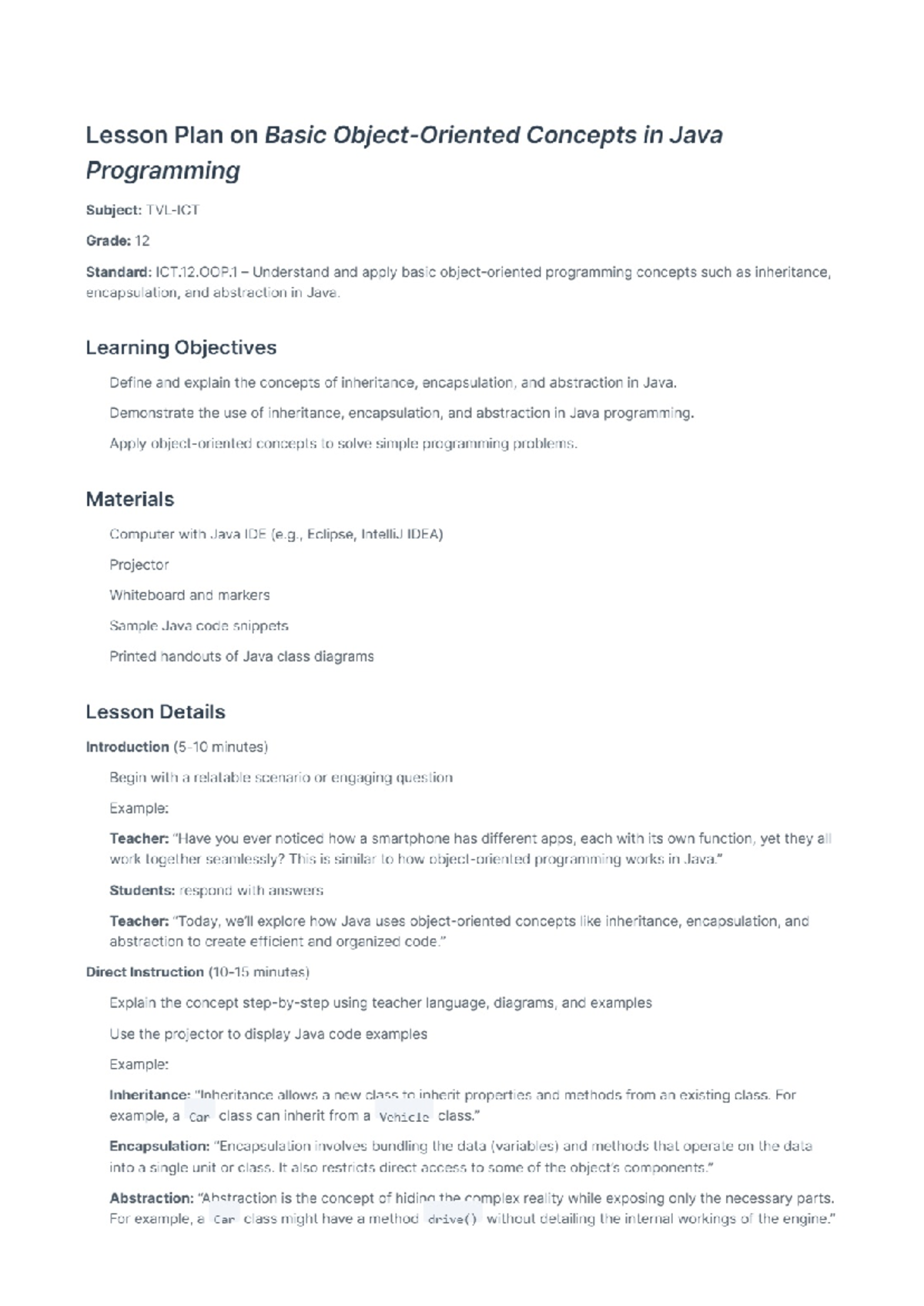 Lesson Plan on Java Programming Concepts - TVL-ICT Grade 12 - Studocu