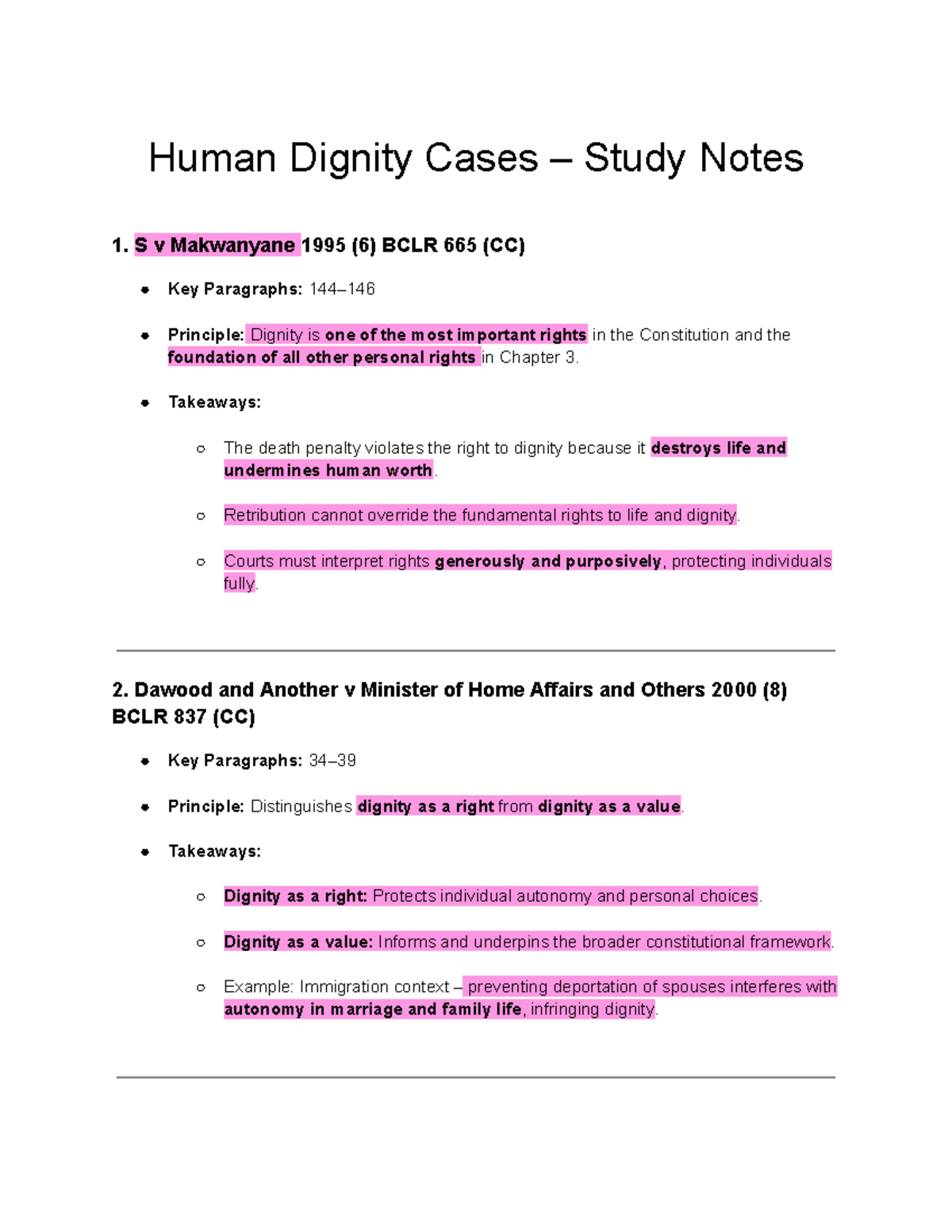 CON202 Human Dignity Case Study Notes: Key Principles and Takeaways ...