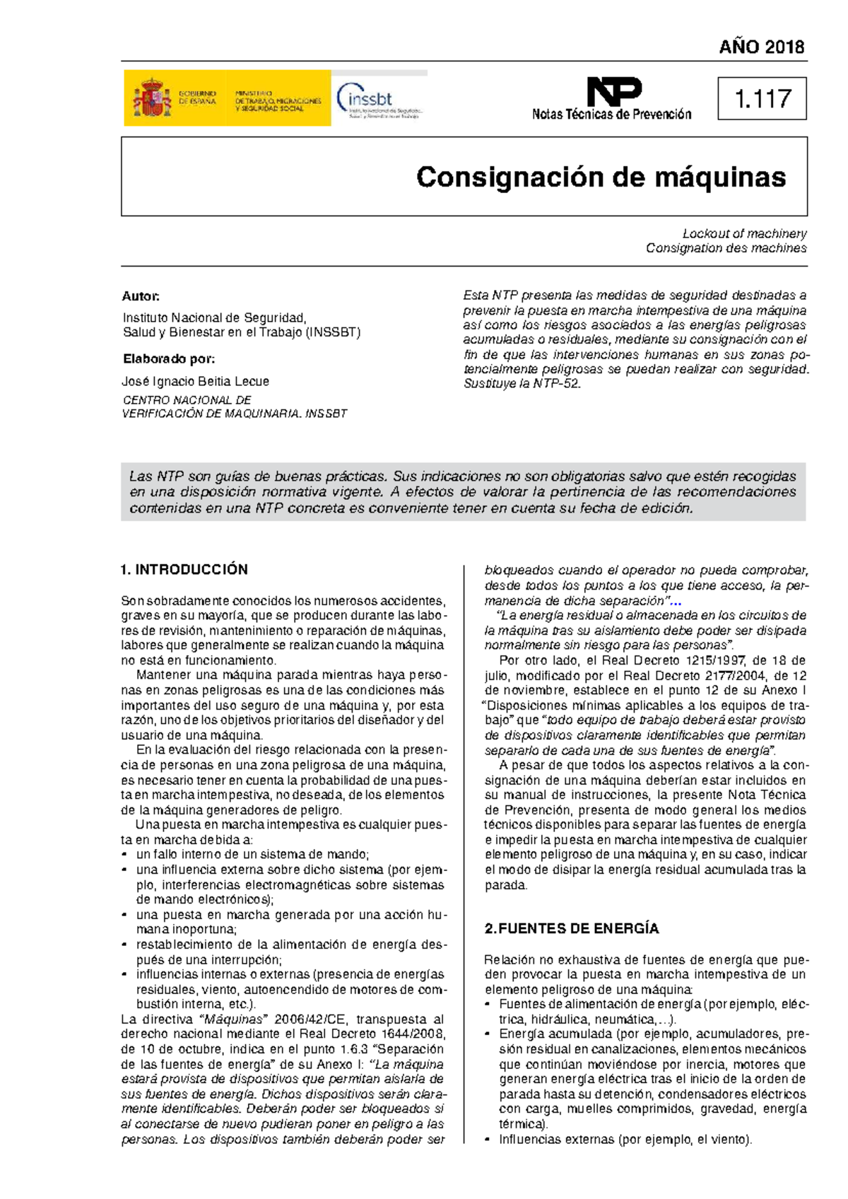 NTP 1.117: Prevención de Puesta en Marcha Intempestiva de Máquinas ...