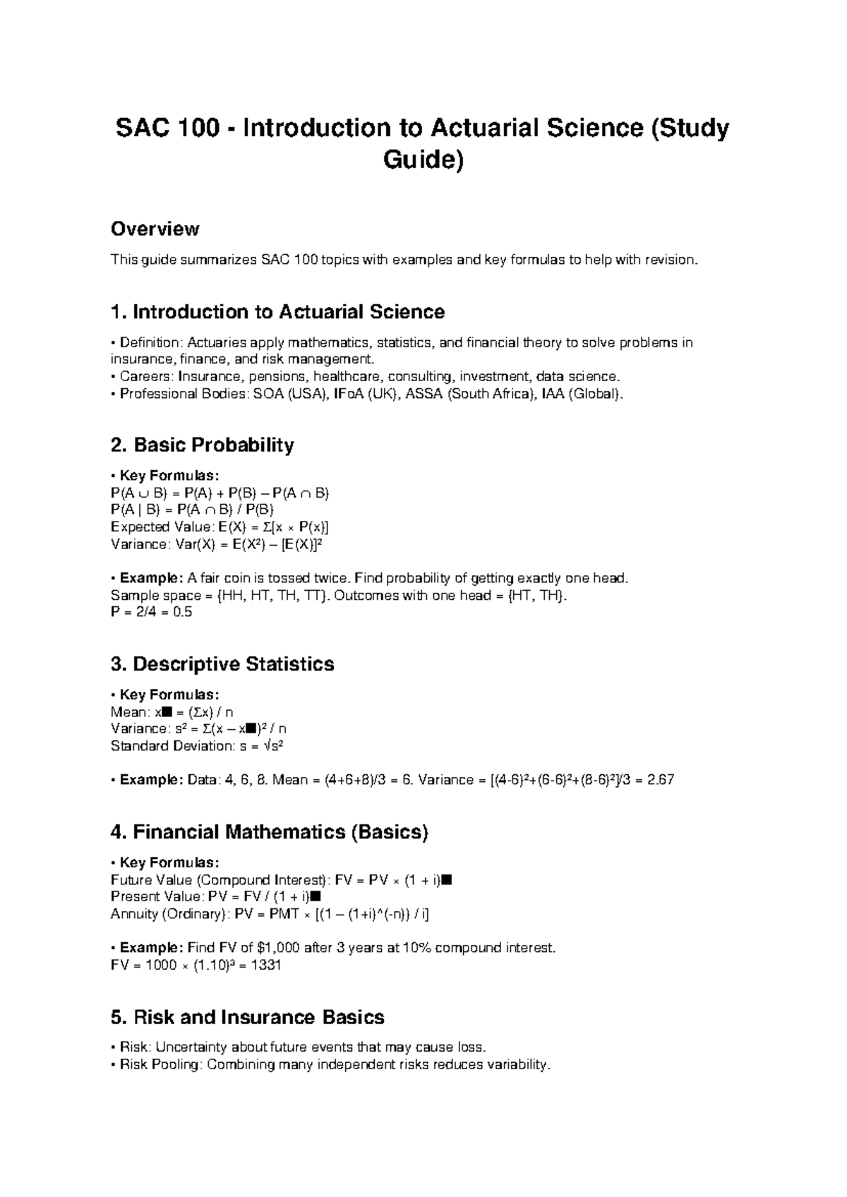 SAC 100 Study Guide: Key Concepts & Formulas in Actuarial Science - Studocu