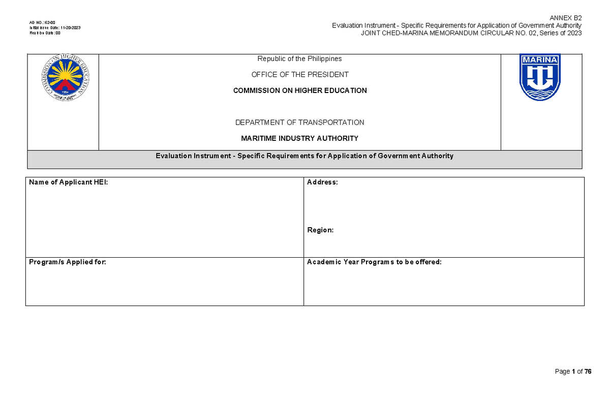 AD 62: Evaluation Instrument for Government Authority Application in ...
