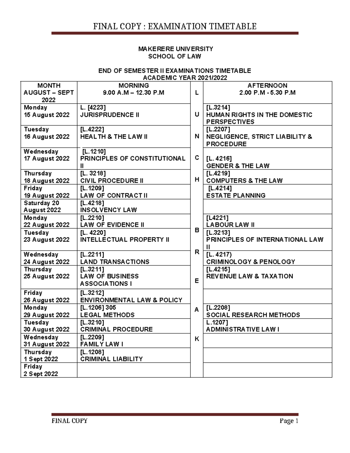 END SEM II Exams 2021-2022 August Revised - FINAL COPY : EXAMINATION ...