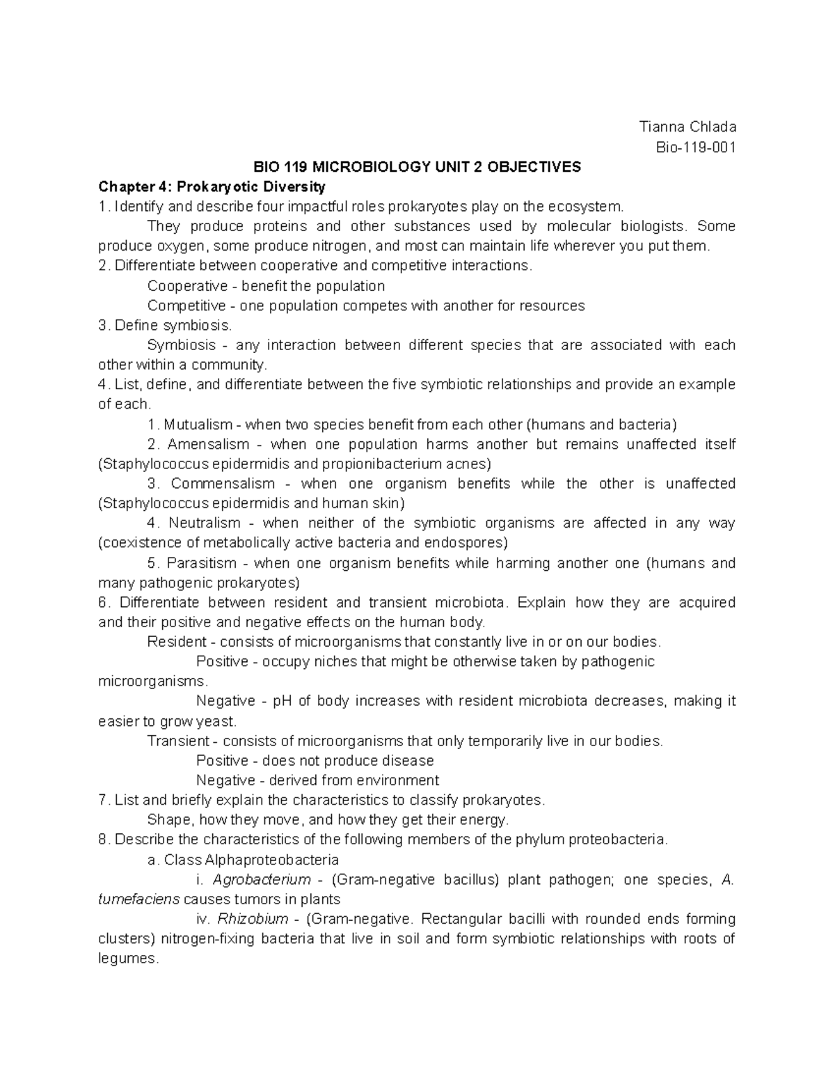 Bio119 Unit 2 Objectives: Prokaryotic and Eukaryotic Diversity - Studocu