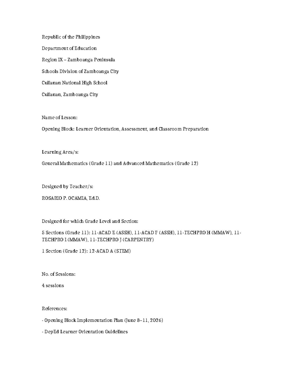 Grade 11 & 12 Opening Block Lesson Plan: Learner Orientation ...