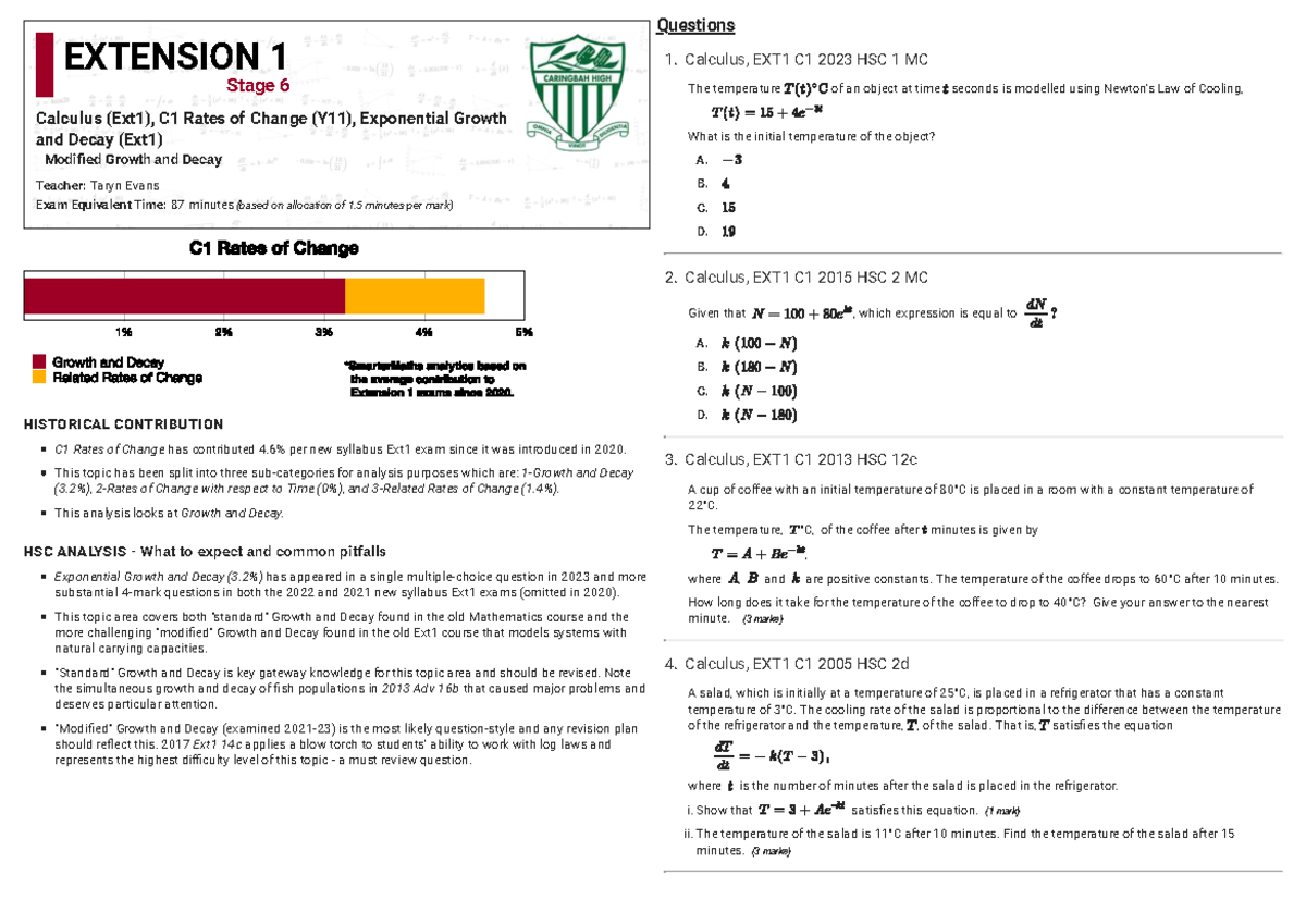 Calculus EXT1 C1 Growth and Decay Analysis for HSC Exams - Studocu