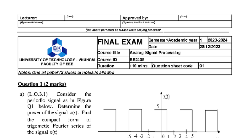 Final Exam EE2405: Analog Signal Processing - Year 1 Questions - Studocu