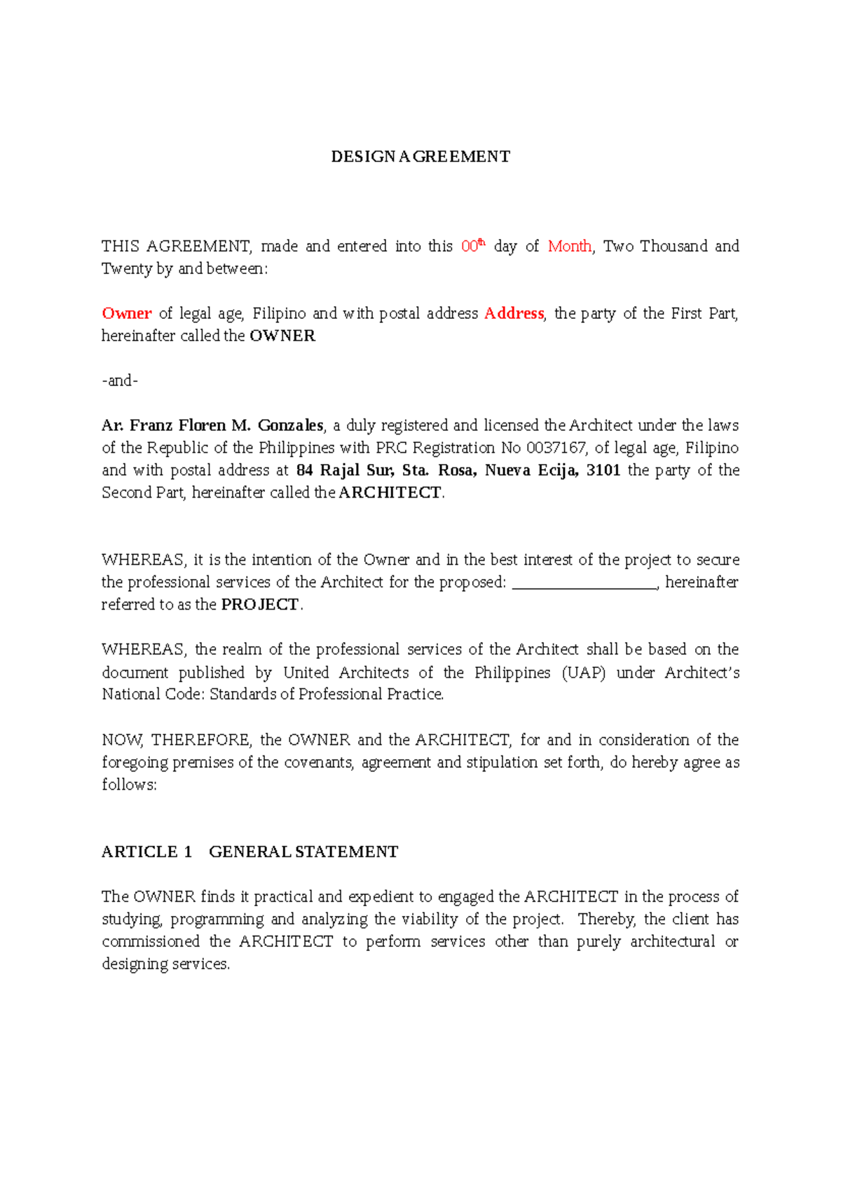 Pre-Design Contract Agreement for Architectural Services - Studocu