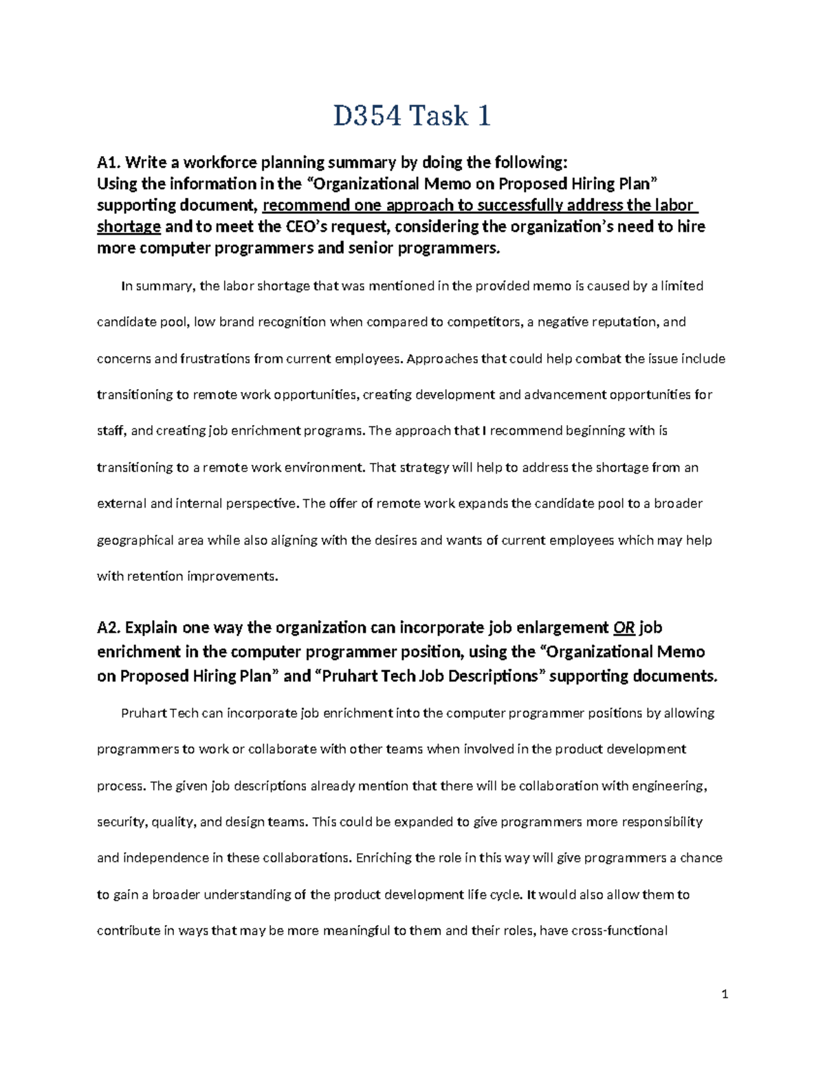 D354 Task 1: Workforce Planning & Job Analysis Strategies - Studocu