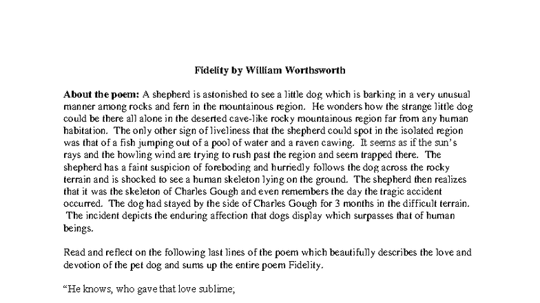 Fidelity: A Critical Analysis of Wordsworth's Poem on Loyalty - Studocu