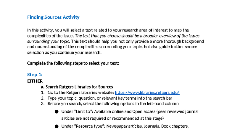 Finding Sources Activity: Research Text Selection Guide - Studocu