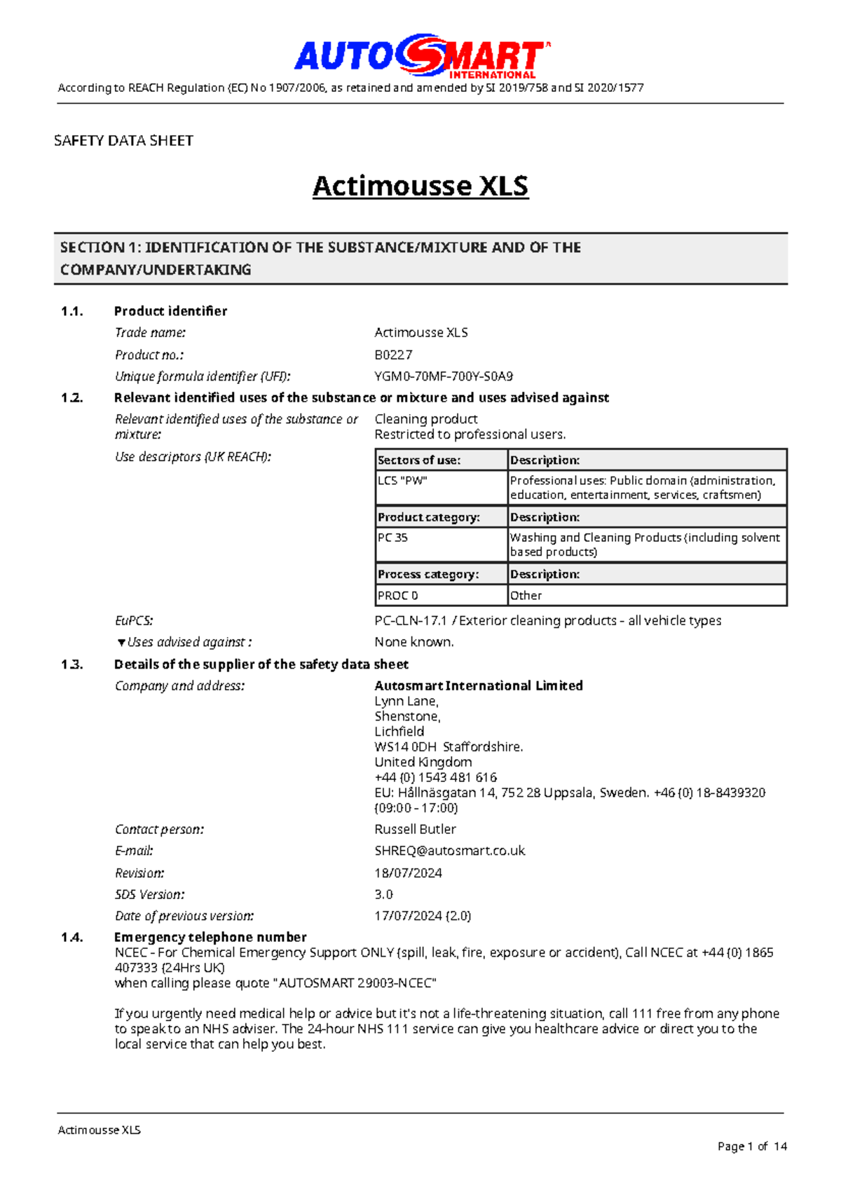 Safety Data Sheet for Actimousse XLS (B0227) - REACH Compliance - Studocu
