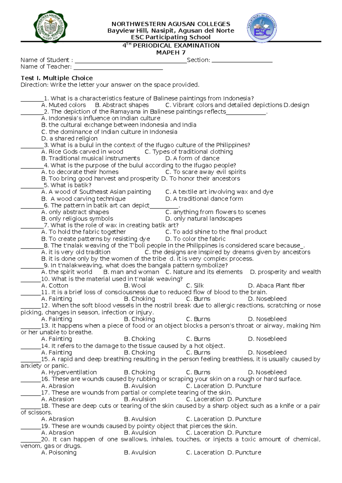 4TH PERIODICAL EXAMINATION MAPEH 7 Study Guide - Studocu